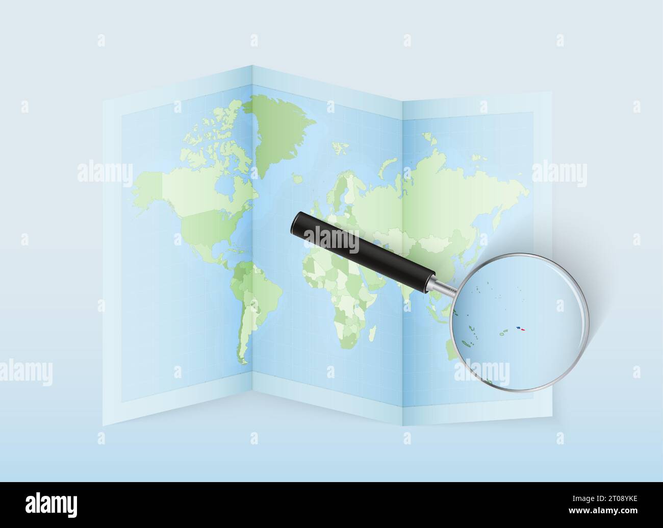 A folded world map with a magnifying lens pointing towards Samoa. Map ...