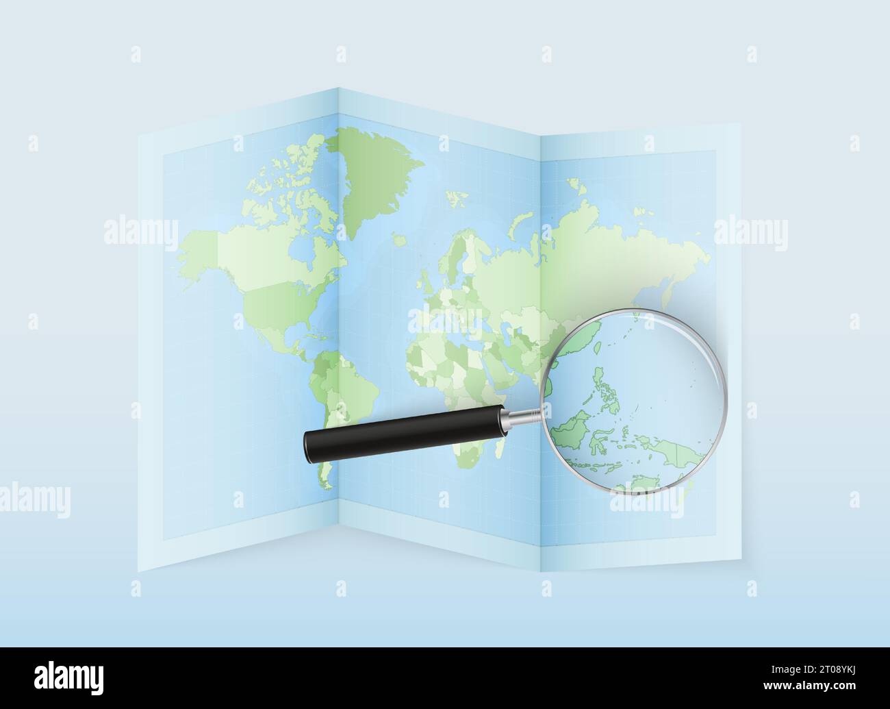 A folded world map with a magnifying lens pointing towards Palau. Map and flag of Italy in loupe ...