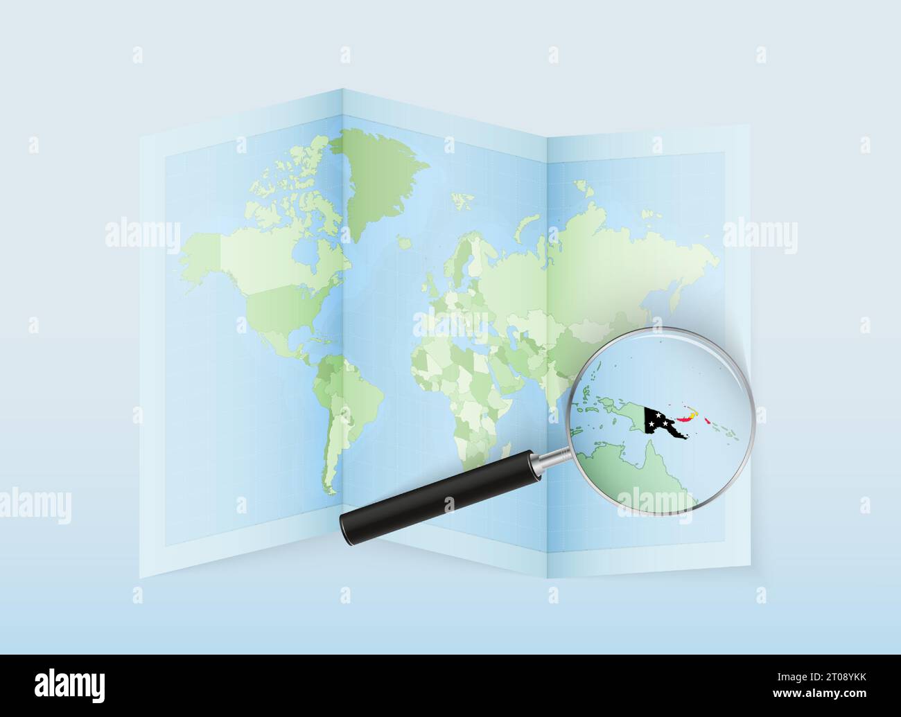 A folded world map with a magnifying lens pointing towards Papua New ...