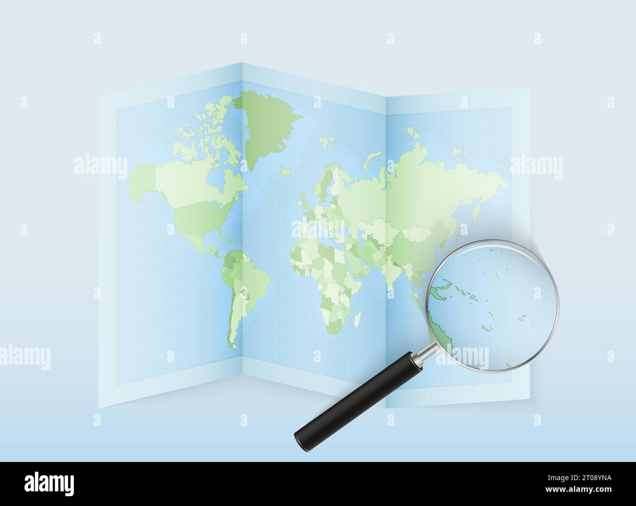 A folded world map with a magnifying lens pointing towards Vanuatu. Map ...