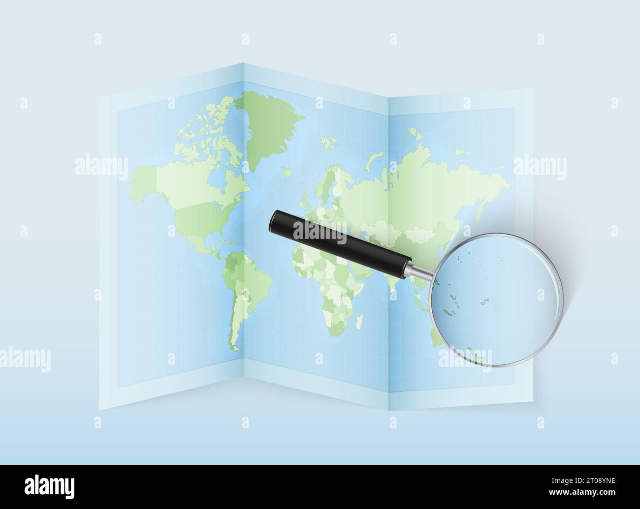 A folded world map with a magnifying lens pointing towards Tonga. Map ...