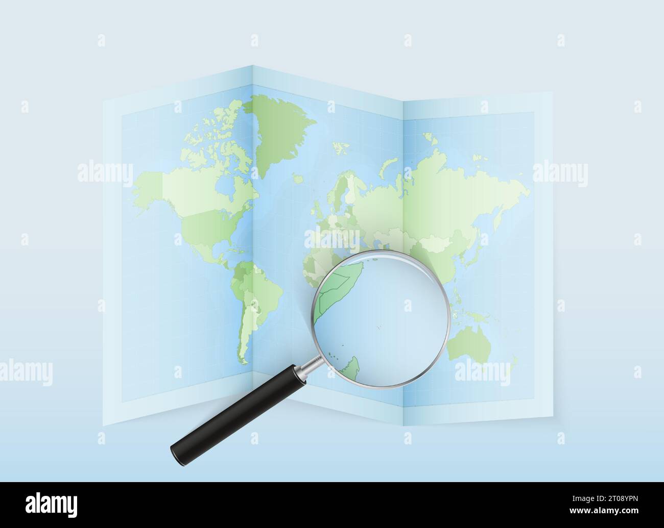 A folded world map with a magnifying lens pointing towards Seychelles. Map and flag of Italy in ...