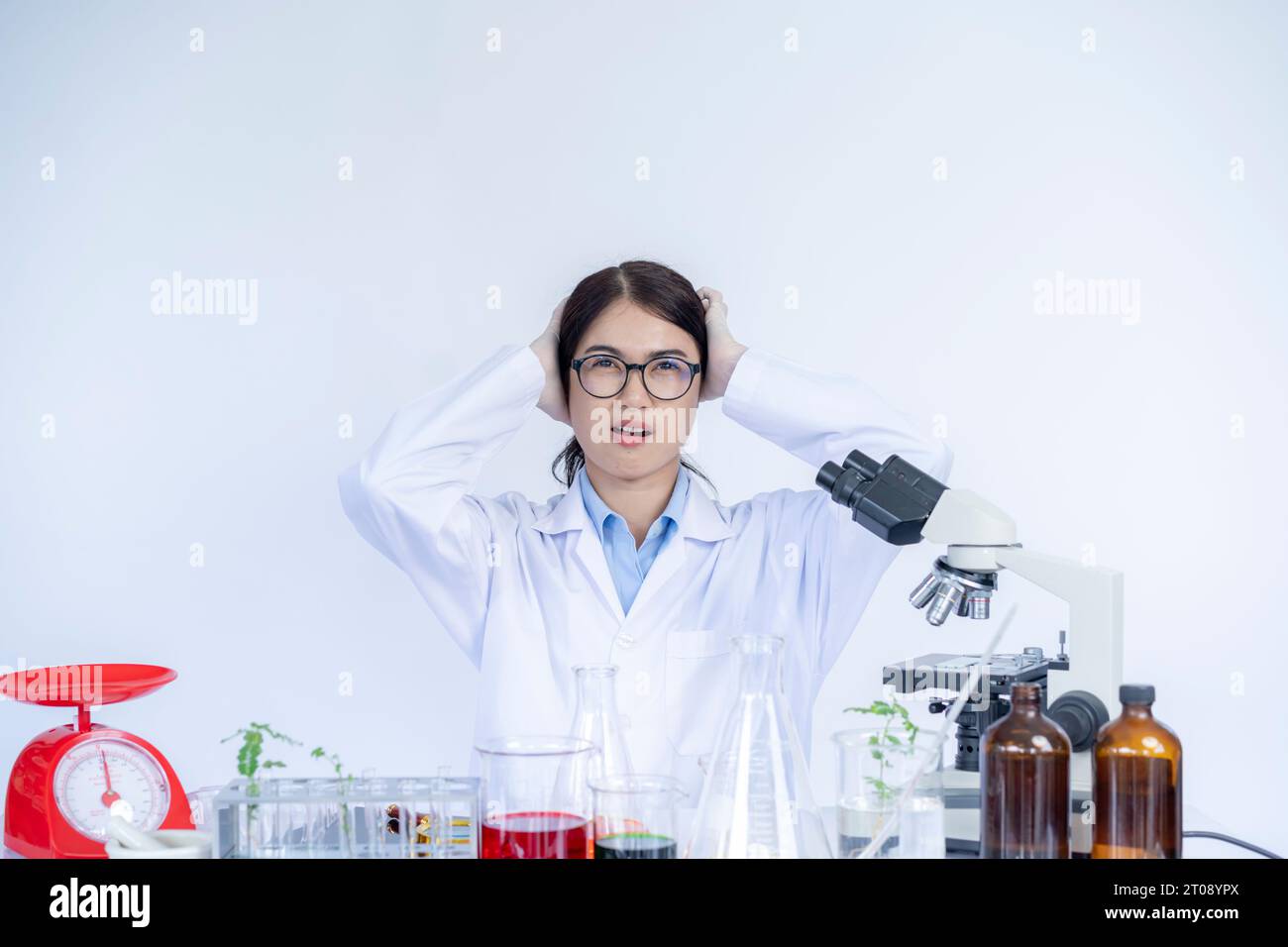 Female scientist laboratory confused and wondering about question Stock ...