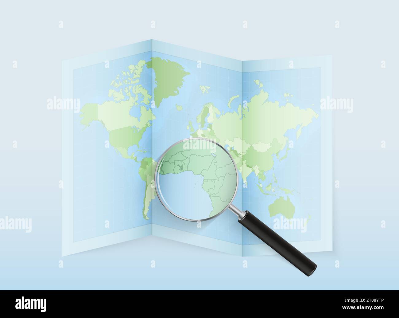 A folded world map with a magnifying lens pointing towards Sao Tome and ...