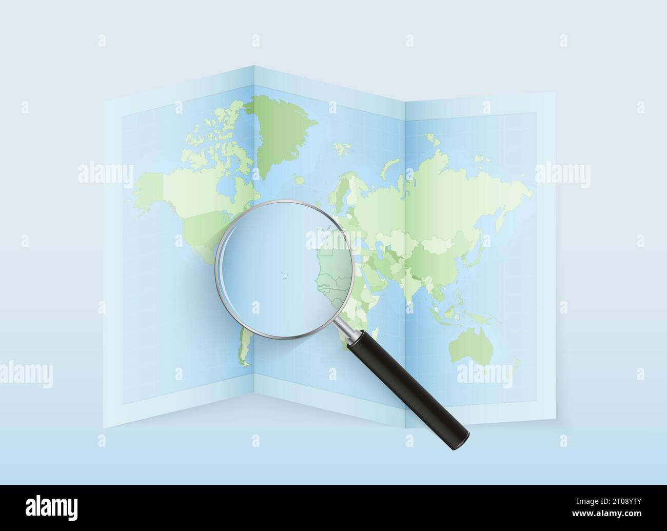 A folded world map with a magnifying lens pointing towards Cape Verde. Map and flag of Italy in ...