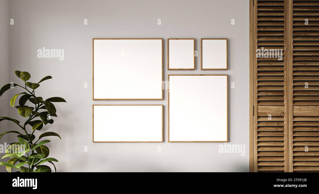 Boho beige empty wall with set of picture frame background. Light ...