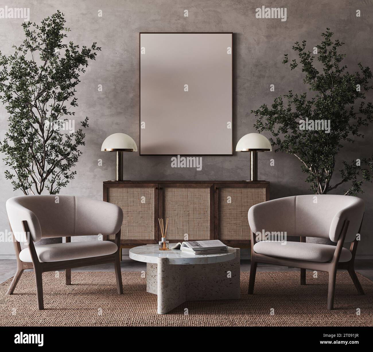 Boho classic gray livingroom interior design with chairs, green plant ...