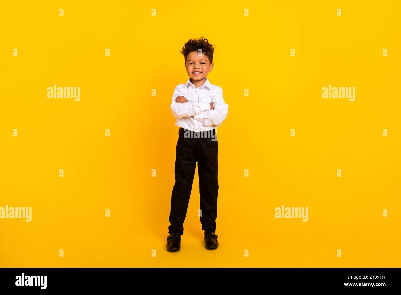 Full size photo of good mood boy with curly hairdo dressed white shirt ...