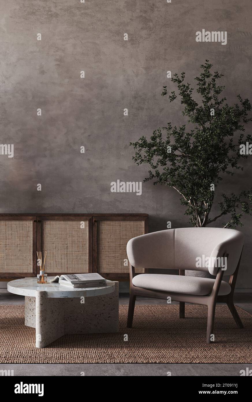 Boho classic gray livingroom interior design with chair, green plant ...