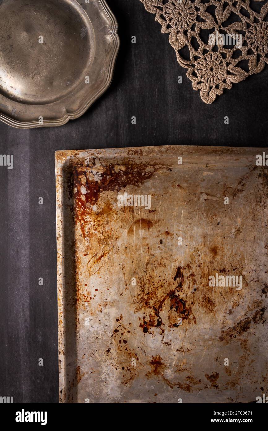 Used oven flat baking pan with burned spots and scratches and pewter ...