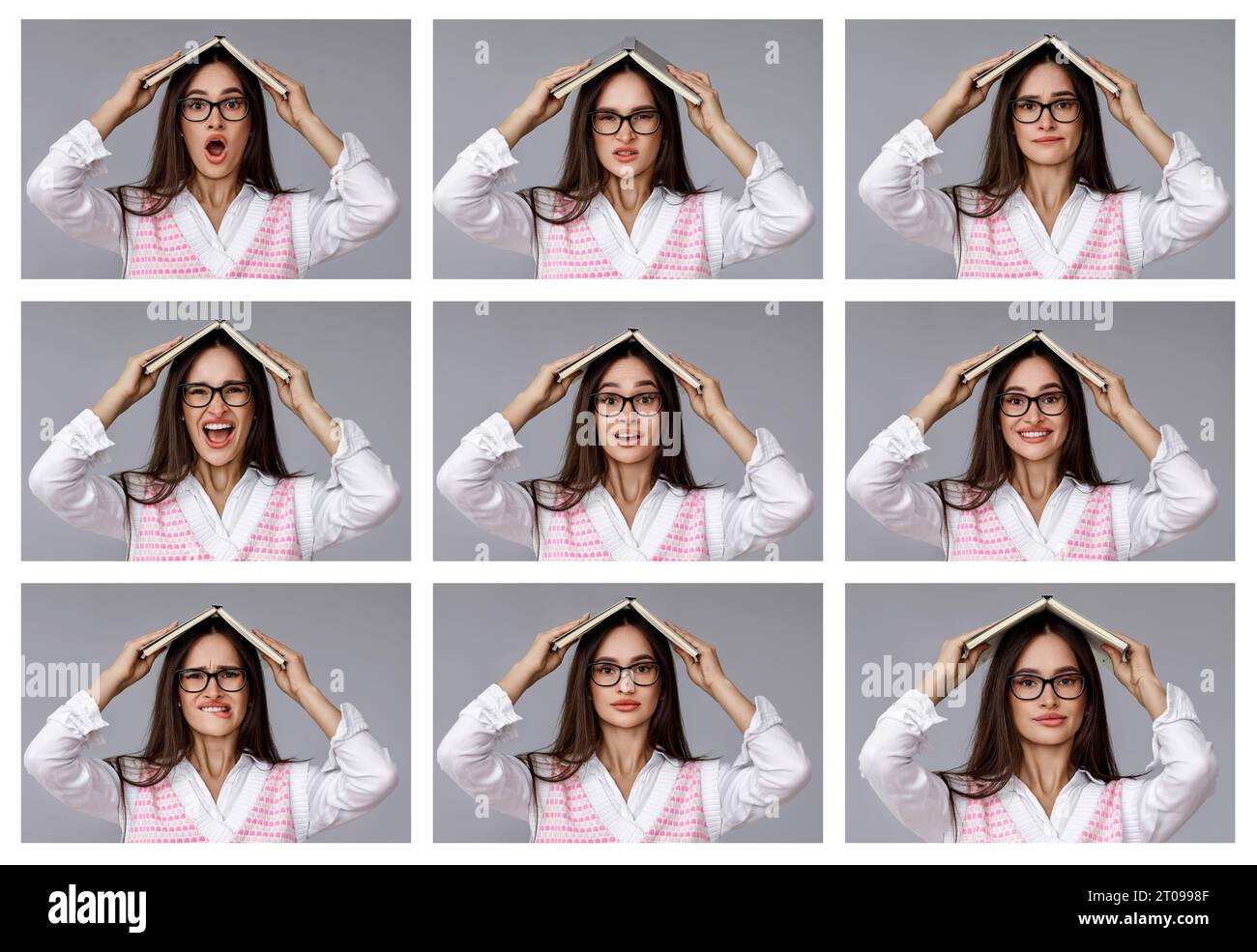 woman in glasses with book on head showing different facial emotions ...