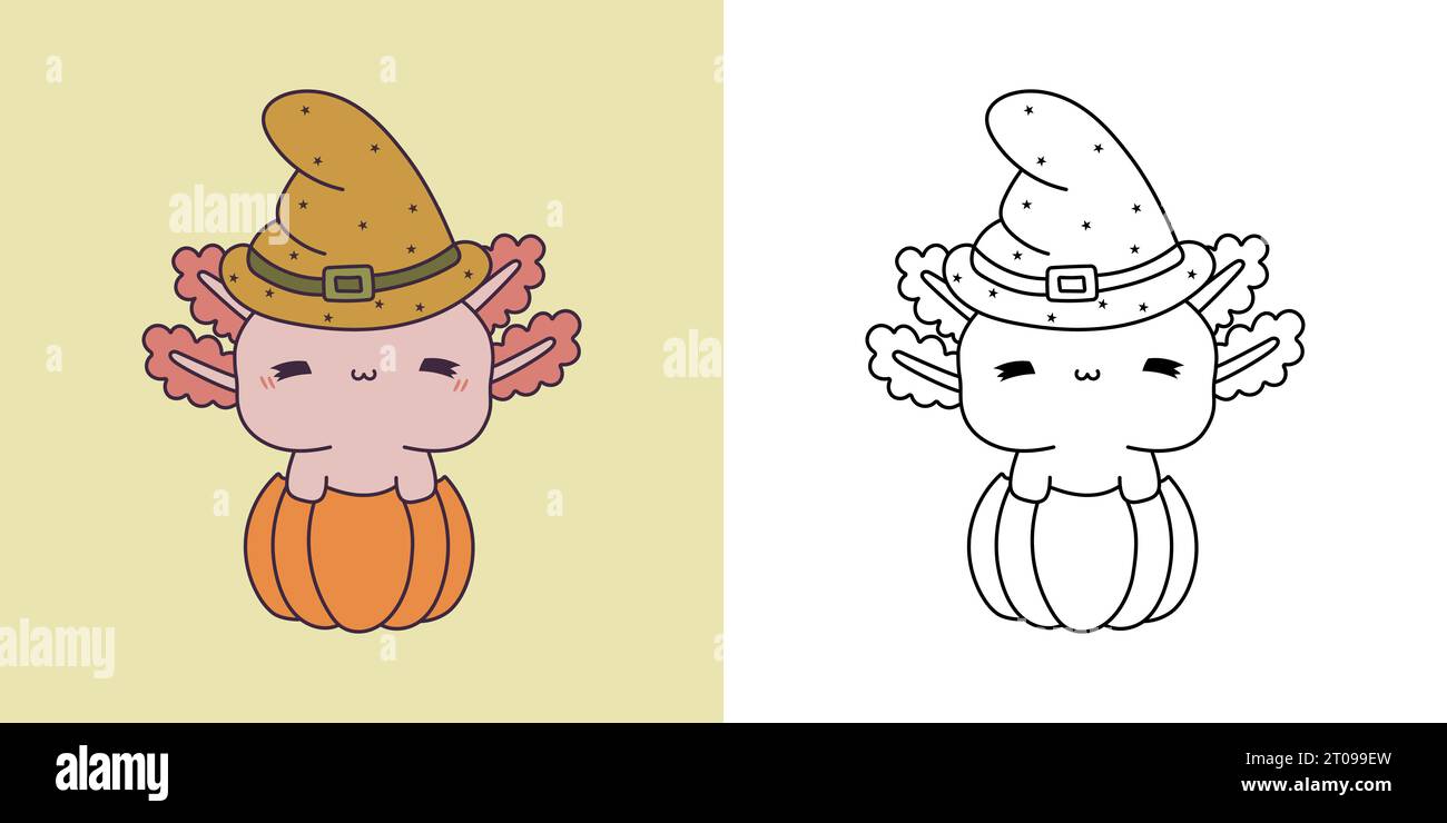 Set Halloween Axolotl Multicolored and Black and White. Kawaii Clip Art ...