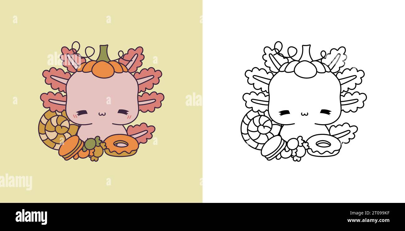 Set Clipart Halloween Axolotl Coloring Page and Colored Illustration ...