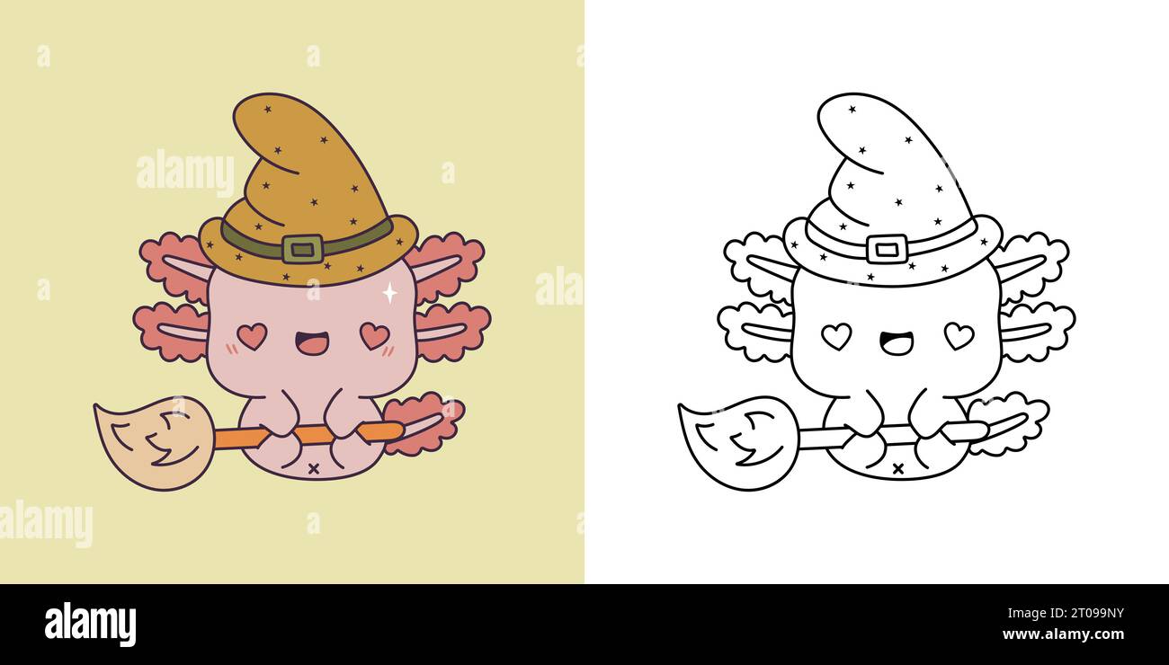 Kawaii Halloween Axolotl Clipart Multicolored and Black and White. Cute ...
