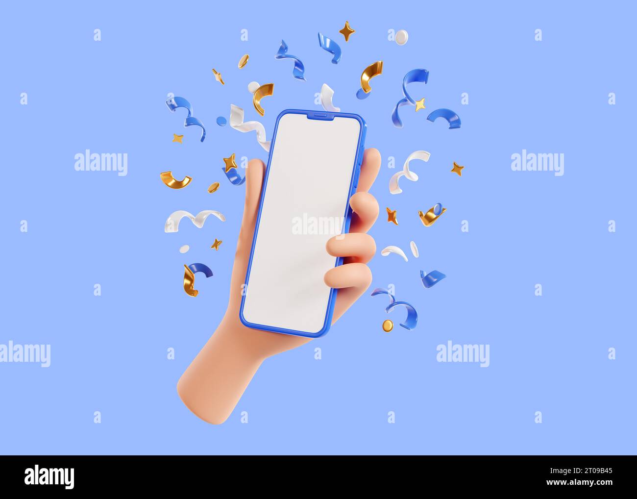 Human hand holding mobile phone with confetti 3d render Stock Photo - Alamy