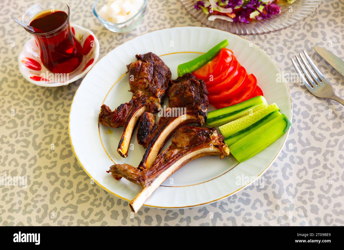 Grilled lamb mutton meat chops steaks on cutting board. Top view Stock ...