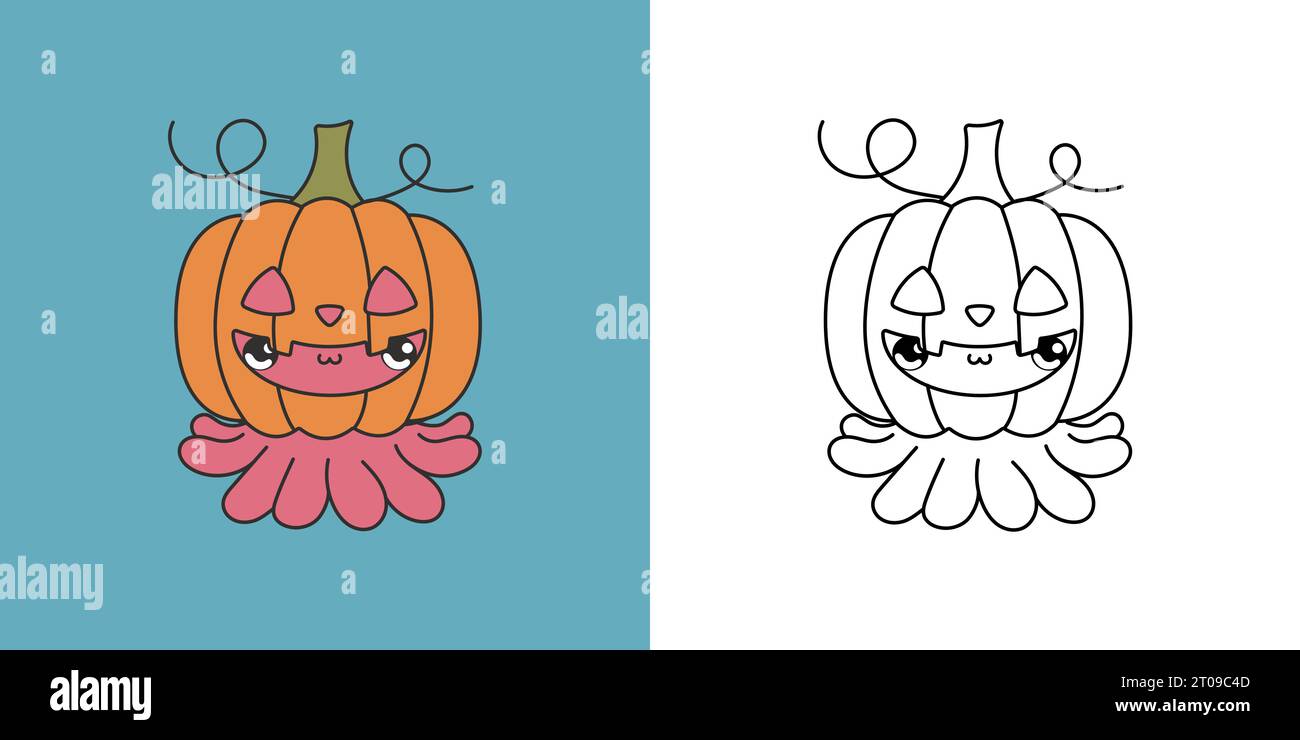 Cute Halloween Octopus Clipart Illustration and Black and White. Kawaii ...