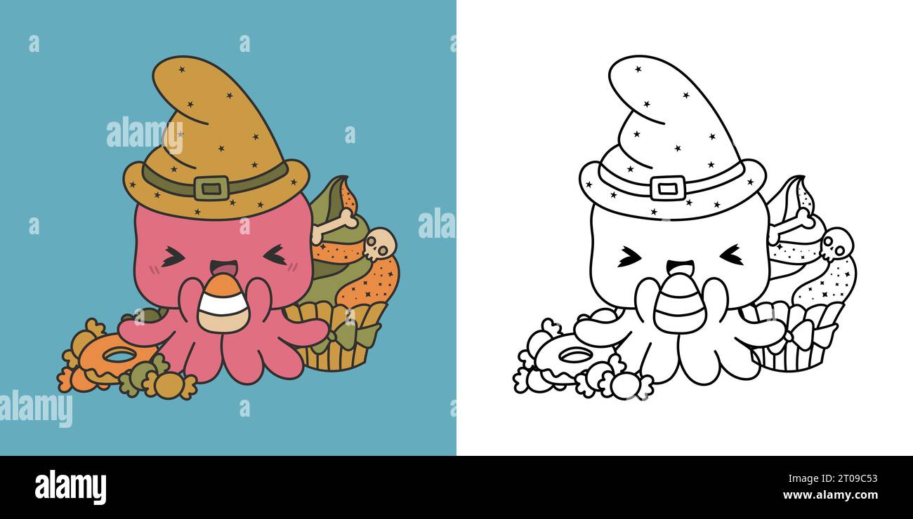 Cute Halloween Octopus Clipart Illustration and Black and White. Funny ...