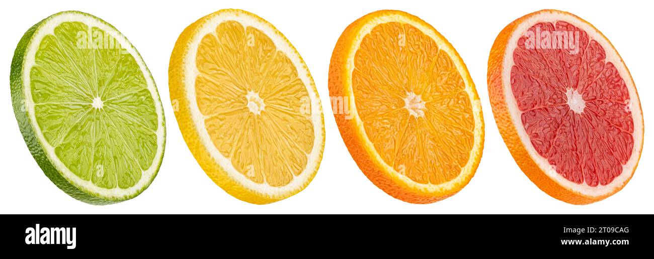 Mix of orange, grapefruit, lime and lemon slices isolated on white ...
