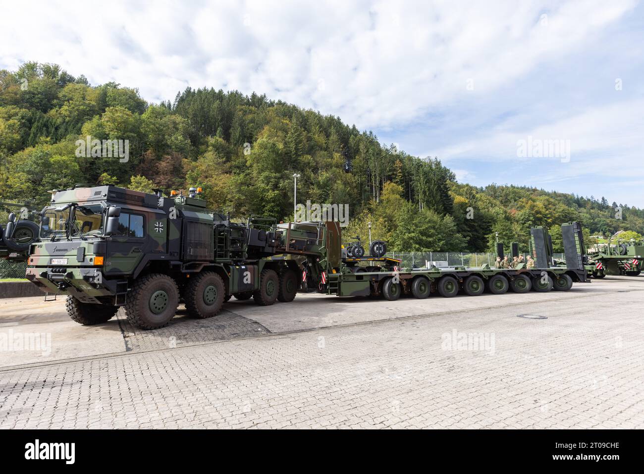 Oppenau, Germany. 05th Oct, 2023. A semitrailer for transporting battle ...