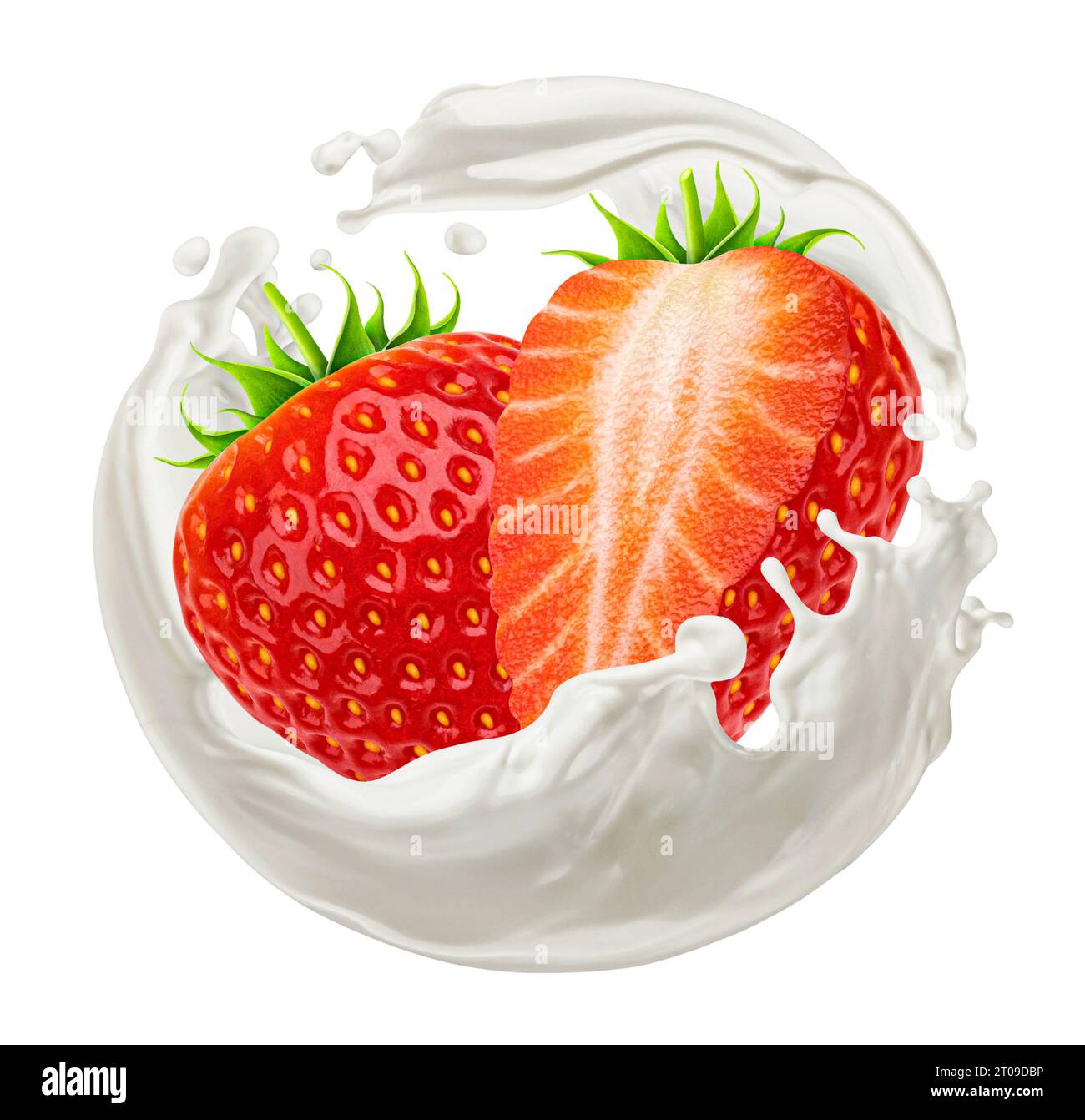 Strawberry with round milk splash isolated on white background Stock ...