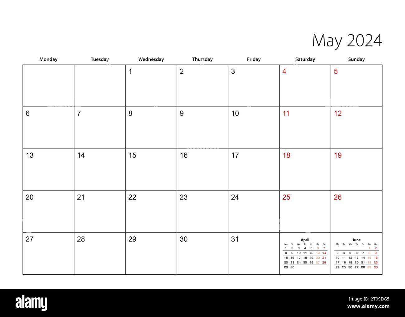 May 2024 simple calendar planner, week starts from Monday. Vector ...