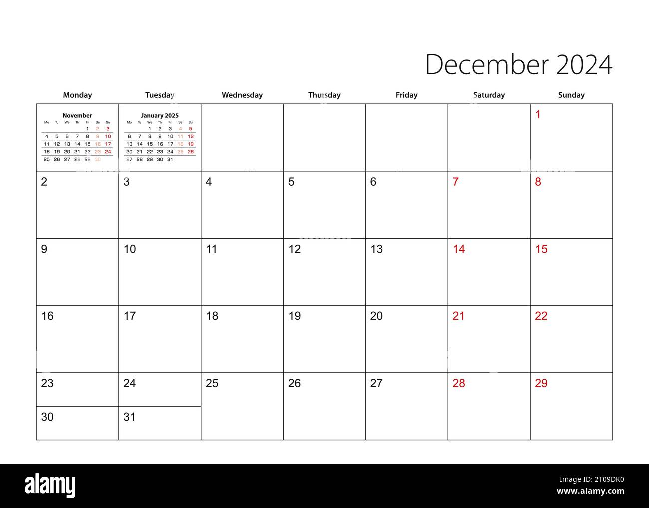 December 2024 simple calendar planner, week starts from Monday. Vector ...