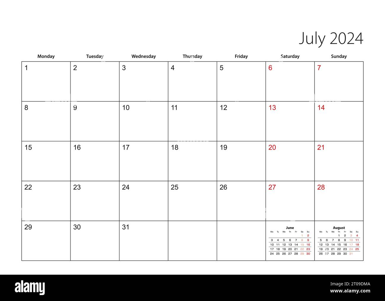 July 2024 simple calendar planner, week starts from Monday. Vector ...