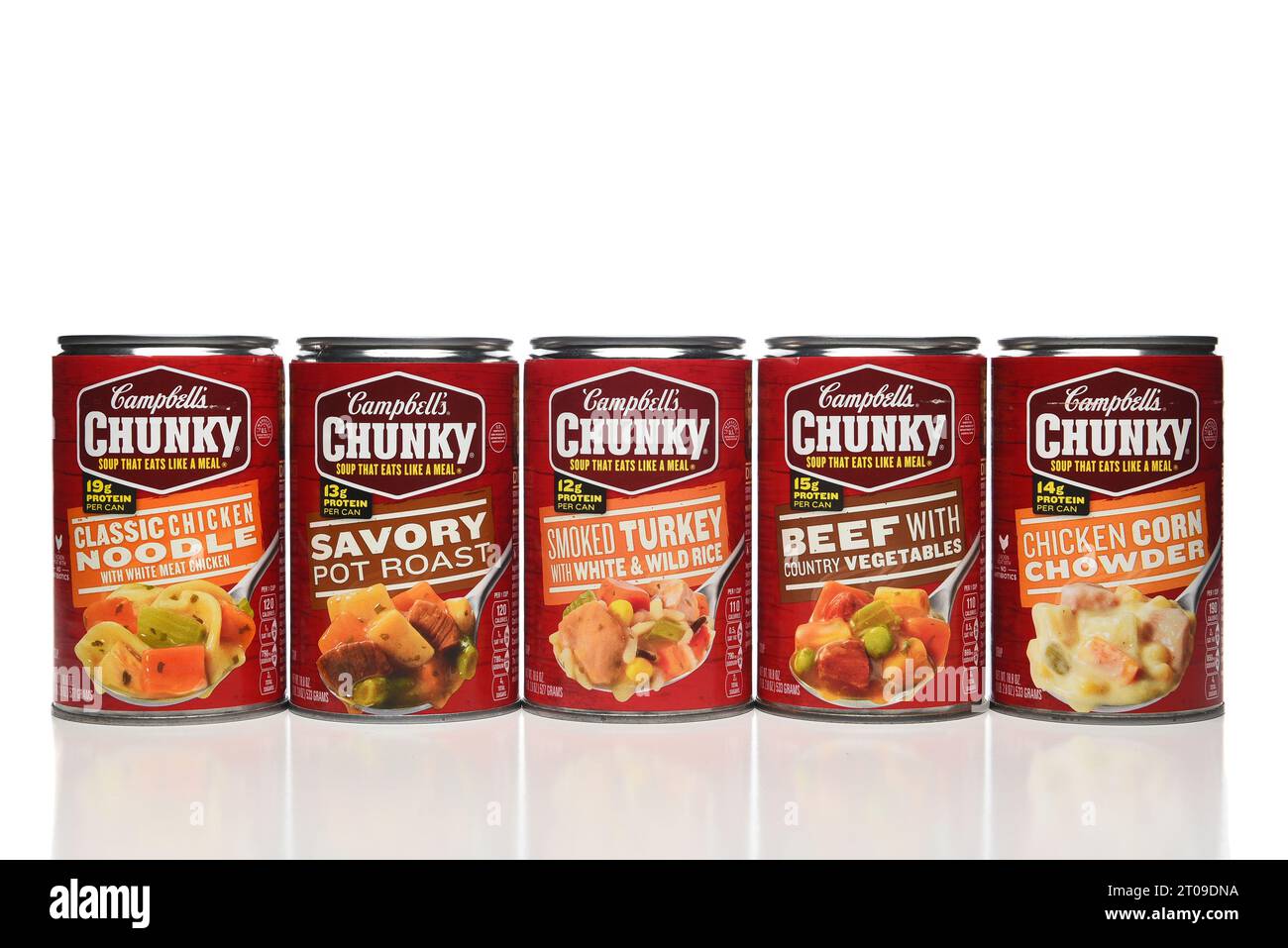 IRVINE, CALIFORNIA - 4 OCT 2023: 5 different flavored cans of Campbells ...