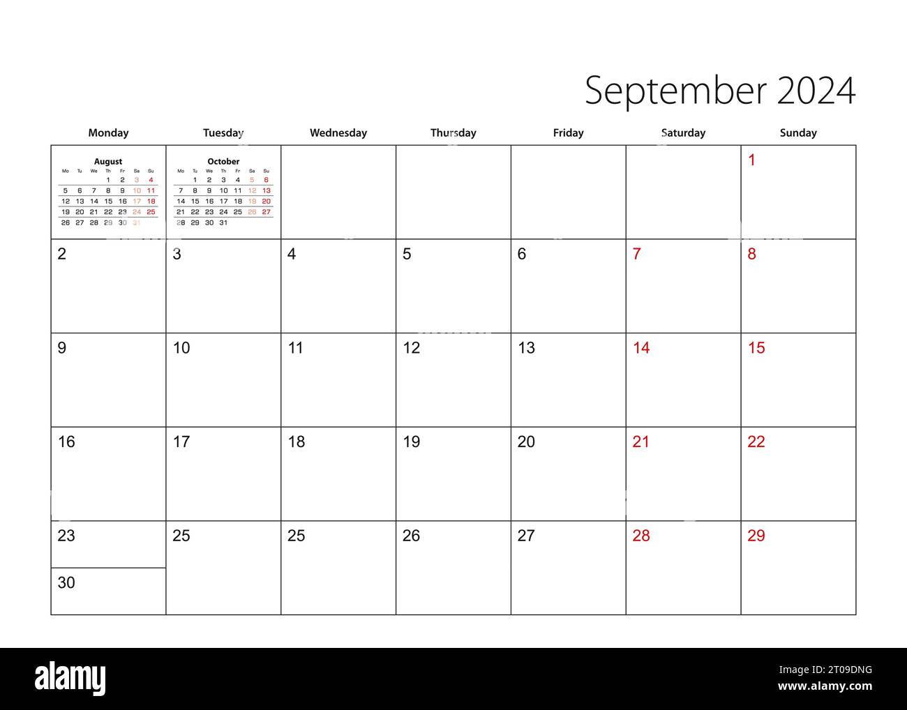 September 2024 simple calendar planner, week starts from Monday. Vector ...