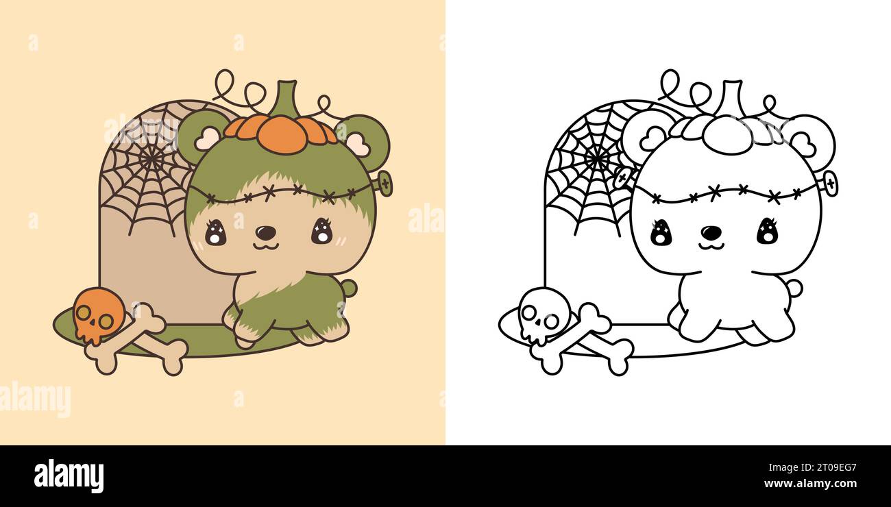 Set Halloween Bear Multicolored and Black and White. Kawaii Clip Art ...