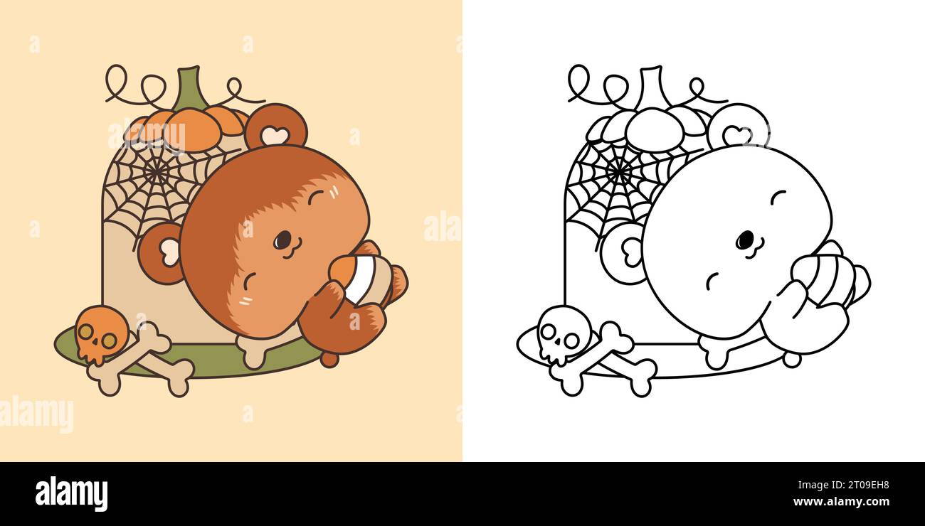 Set Clipart Halloween Bear Coloring Page and Colored Illustration ...