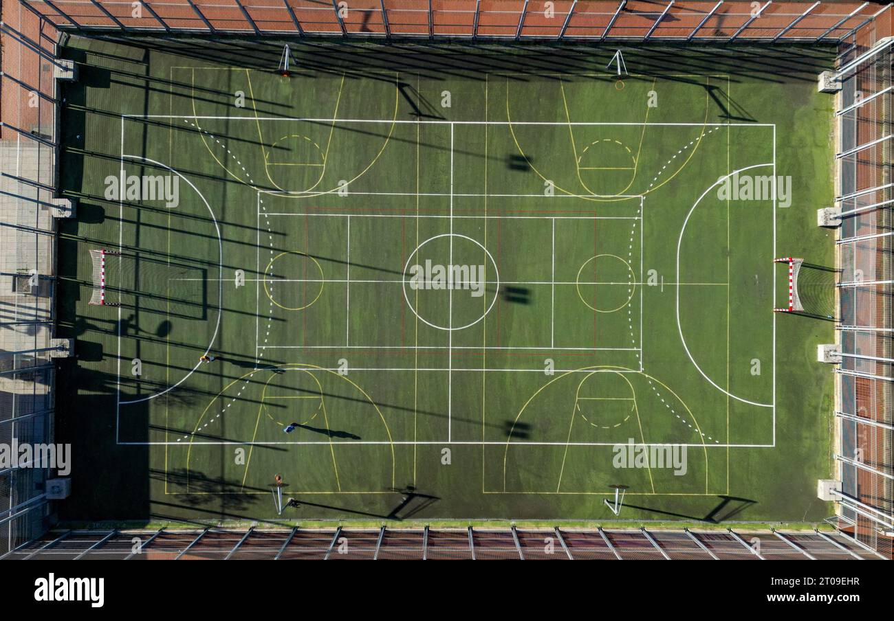 Drone view full frame of soccer field with marks on green surface on ...