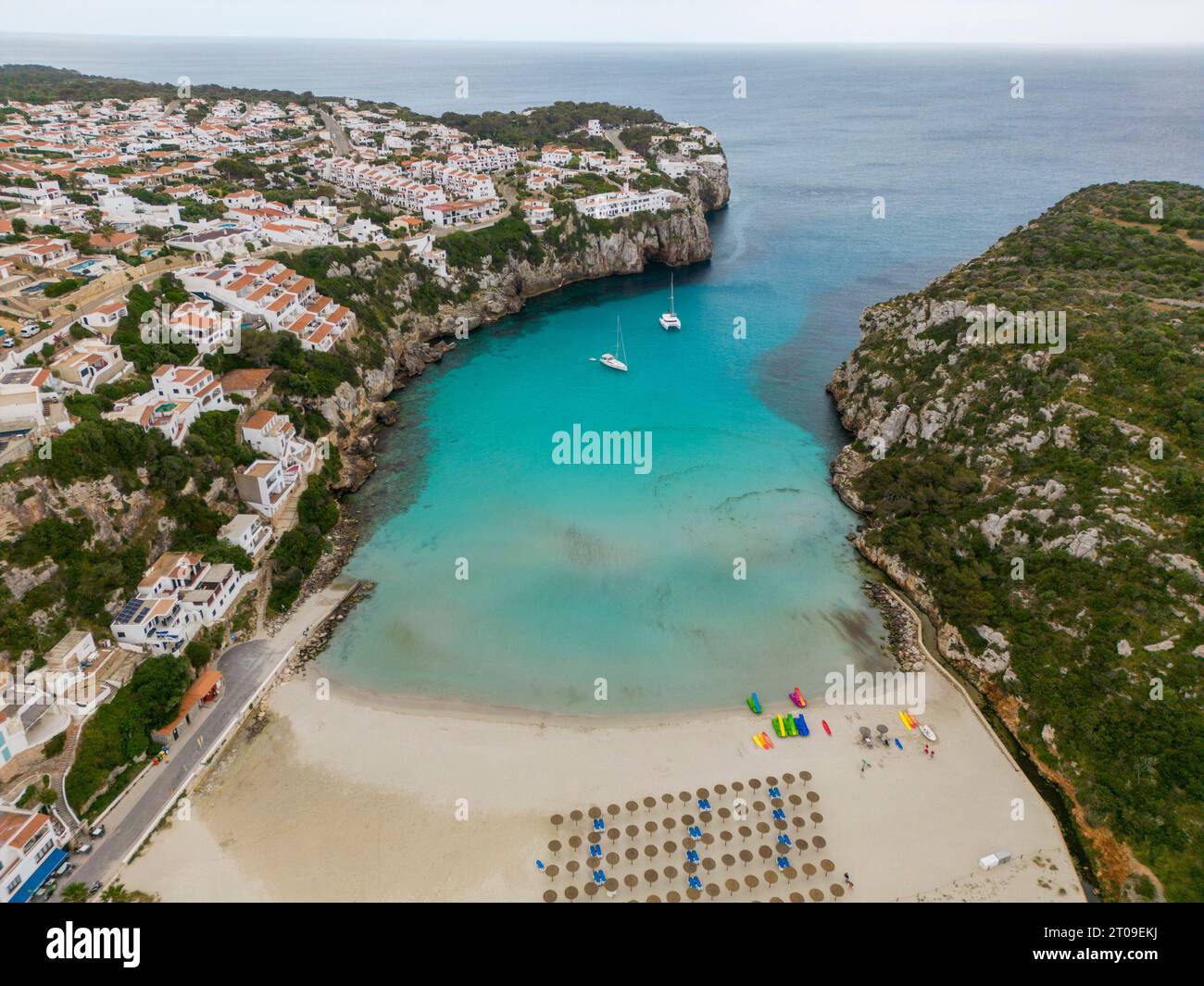 From above drone view of amazing turquoise lagoon Menorca island ...