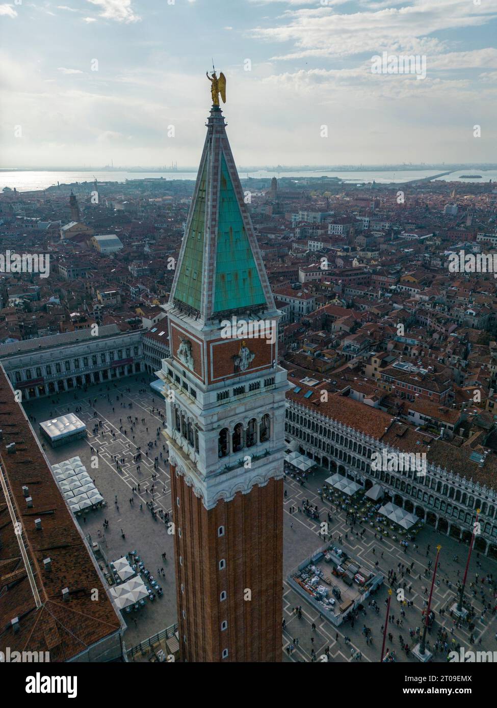 Aerial view of historical and geographical St Marks bell tower square ...