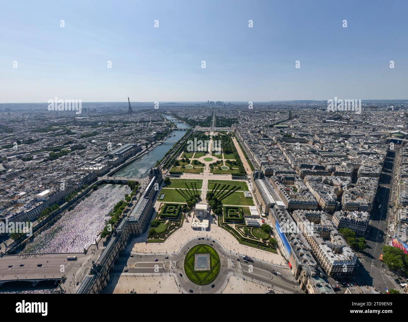 Breathtaking view from Eiffel tower of Paris center with buildings and ...