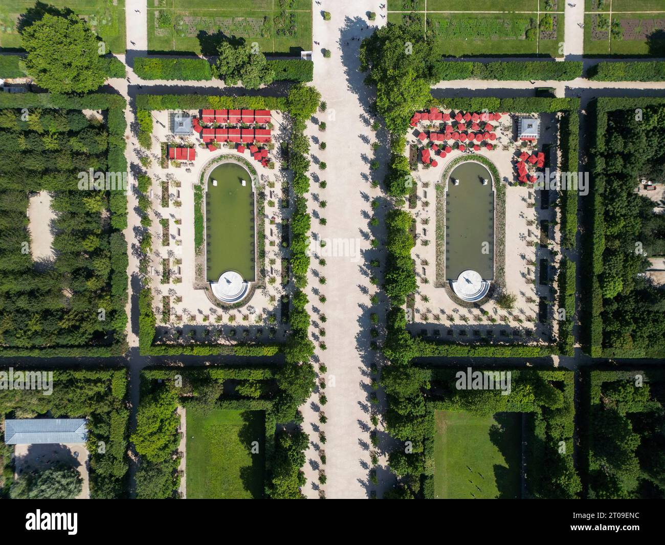 Top drone view of pathway and green hedges in garden of Versailles ...
