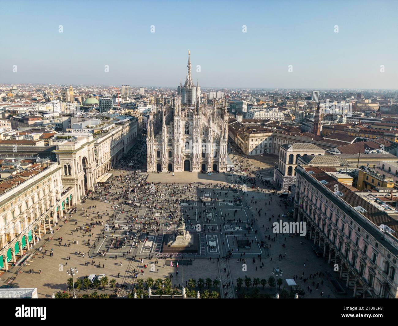 Aerial view of Milan with crowd near old buildings and Metropolitan ...