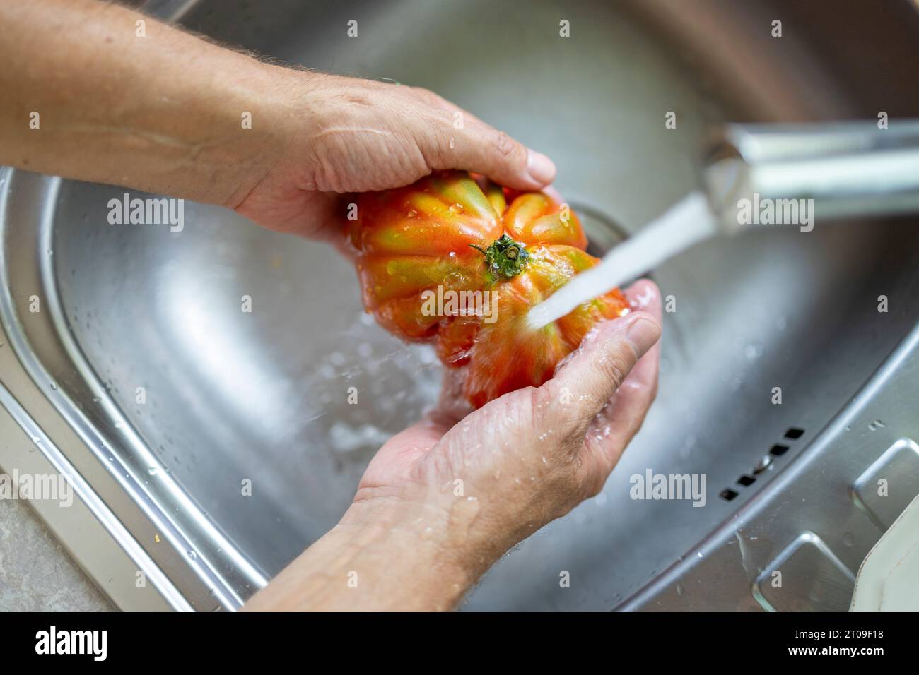 From above of crop anonymous male washing tomato with water stream from ...