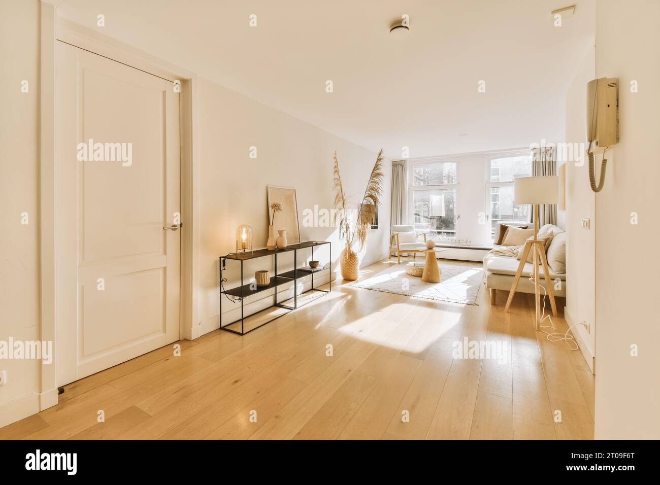 Interior of bright modern living room with empty couch and chair by ...