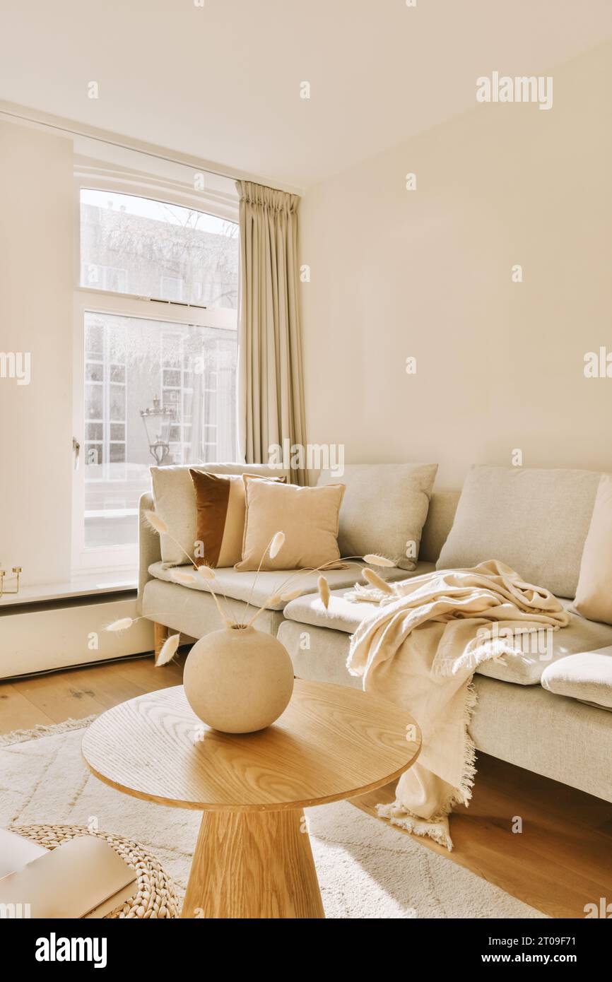 Interior of modern living room with empty couch by bright window at ...