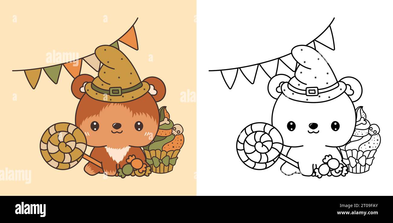 Kawaii Halloween Bear Clipart Multicolored and Black and White. Cute ...