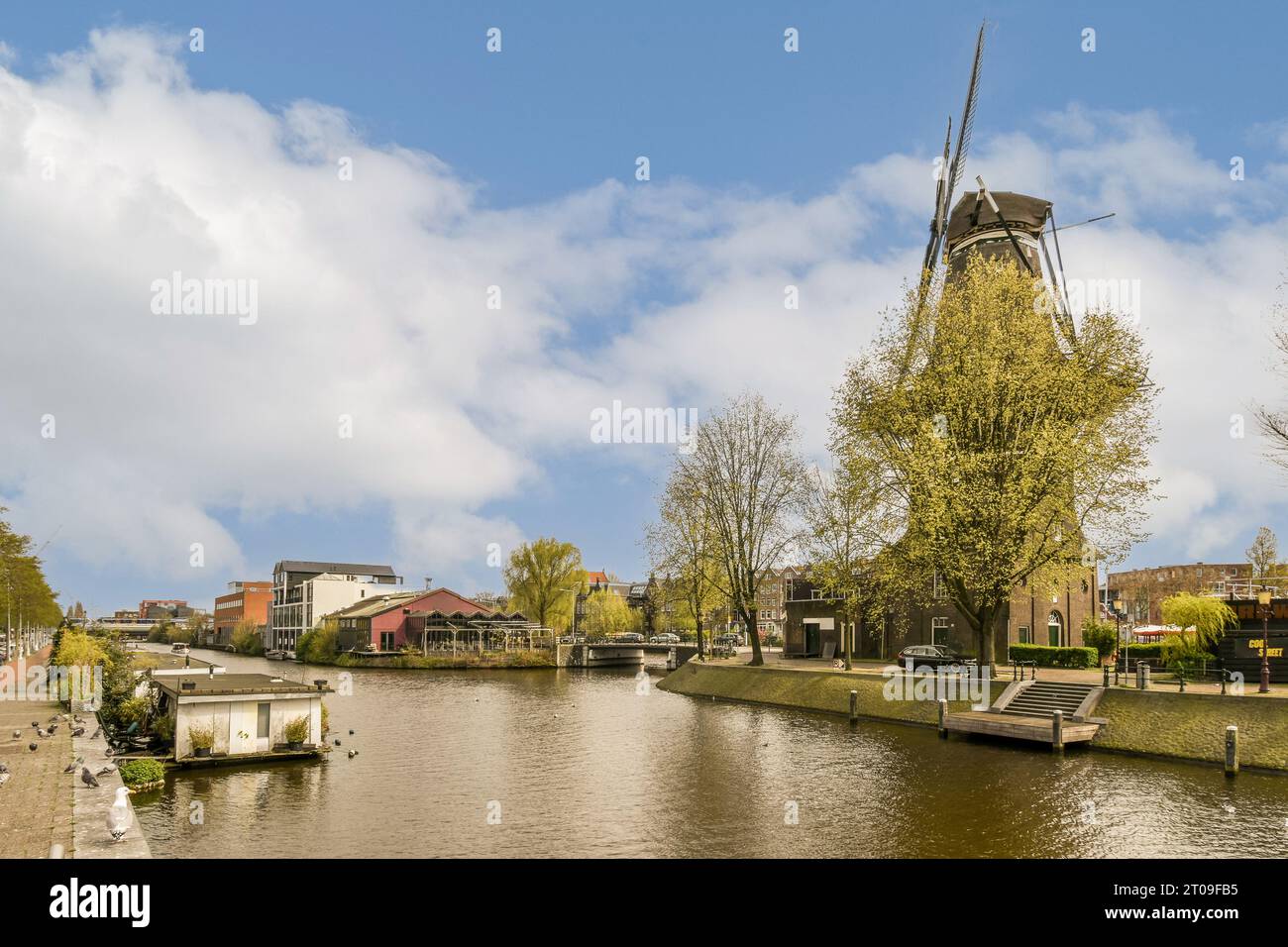 Windmill and trees with buildings by river in city while cloudy sky in ...