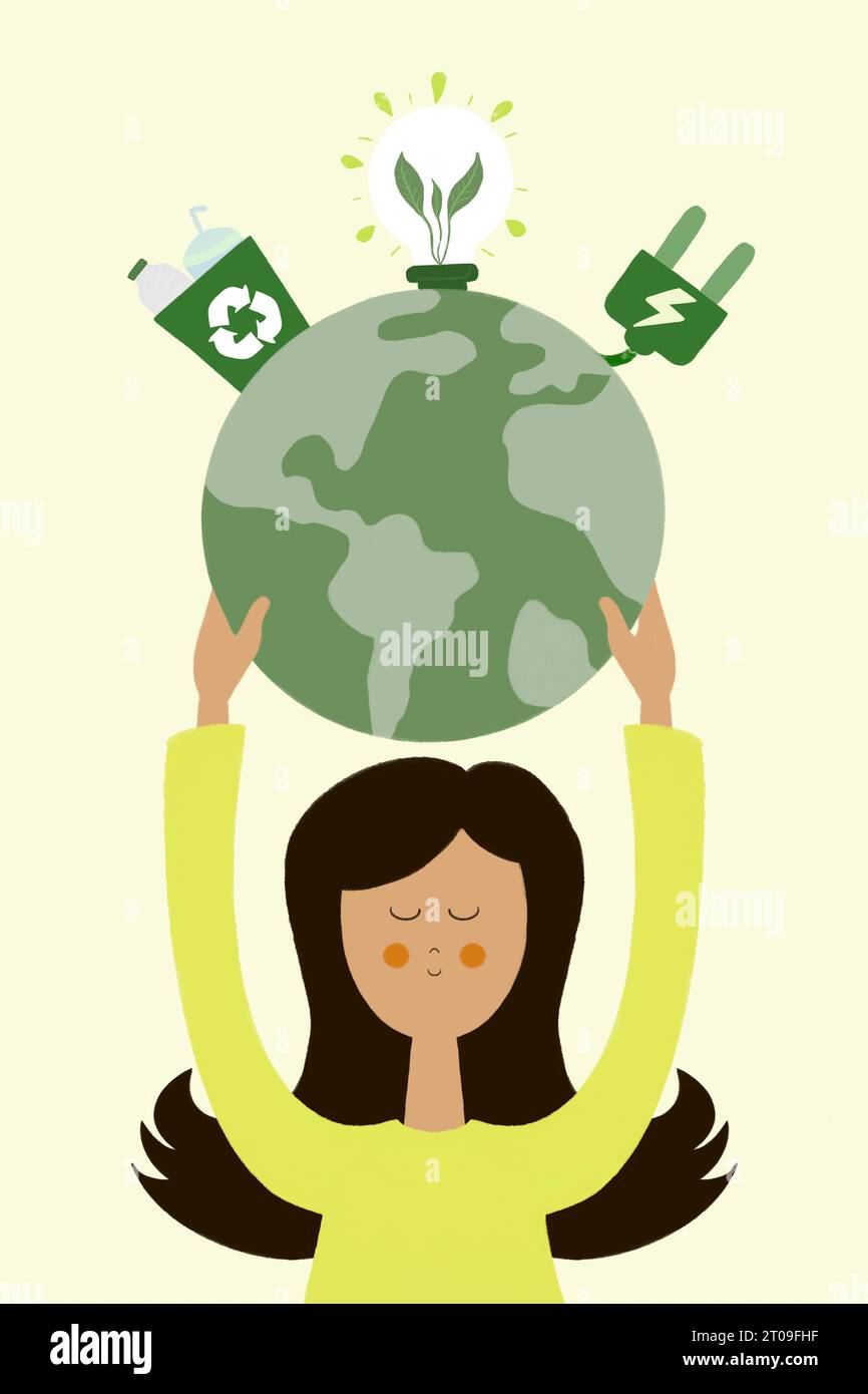 Vector illustration of cartoon dark haired female raising green Earth ...