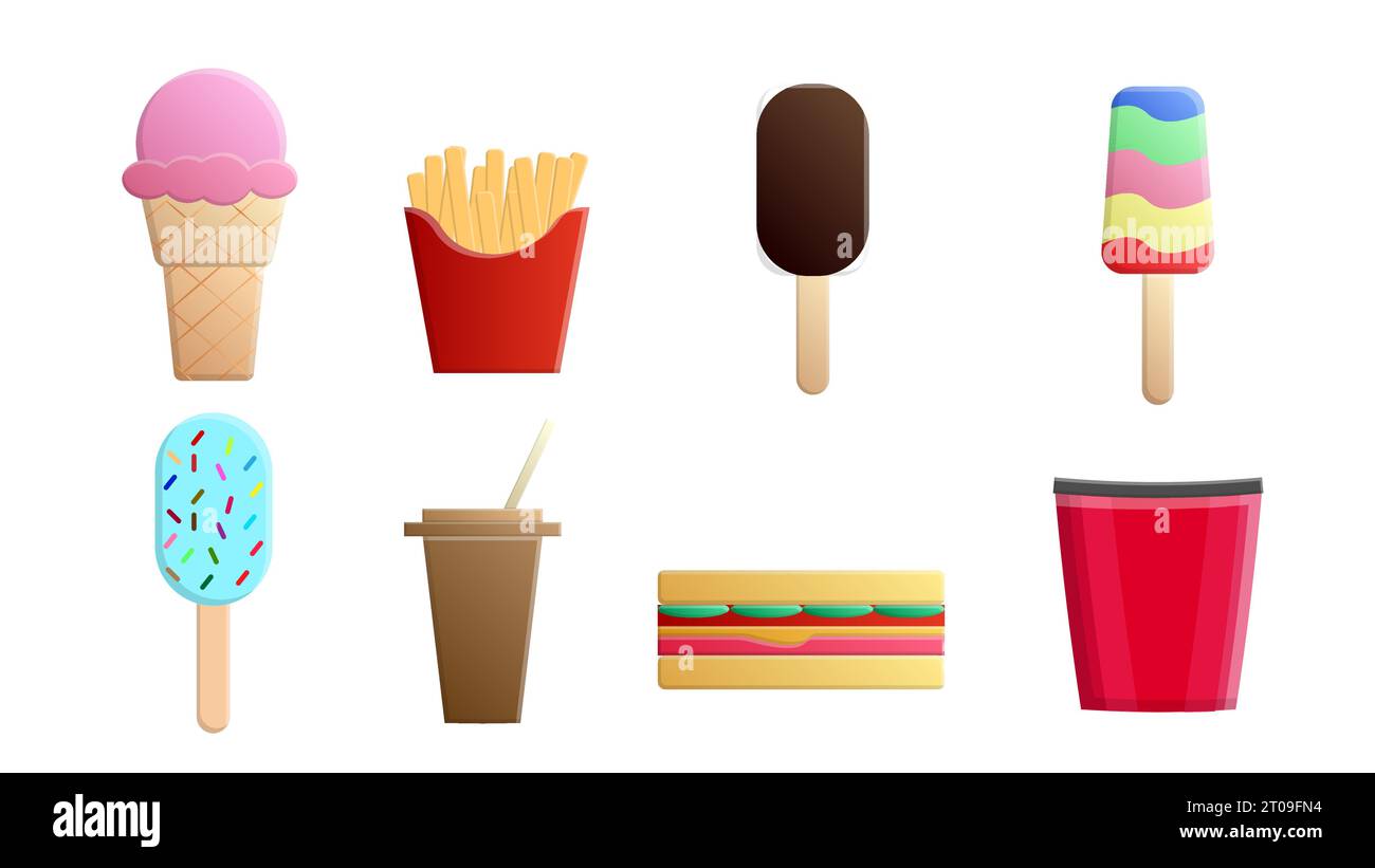 Set of eight icons of items of delicious food and snacks for a cafe bar ...