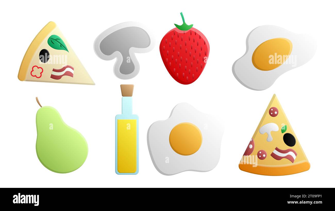 A set of eight icons of items of delicious food and snacks for a cafe ...