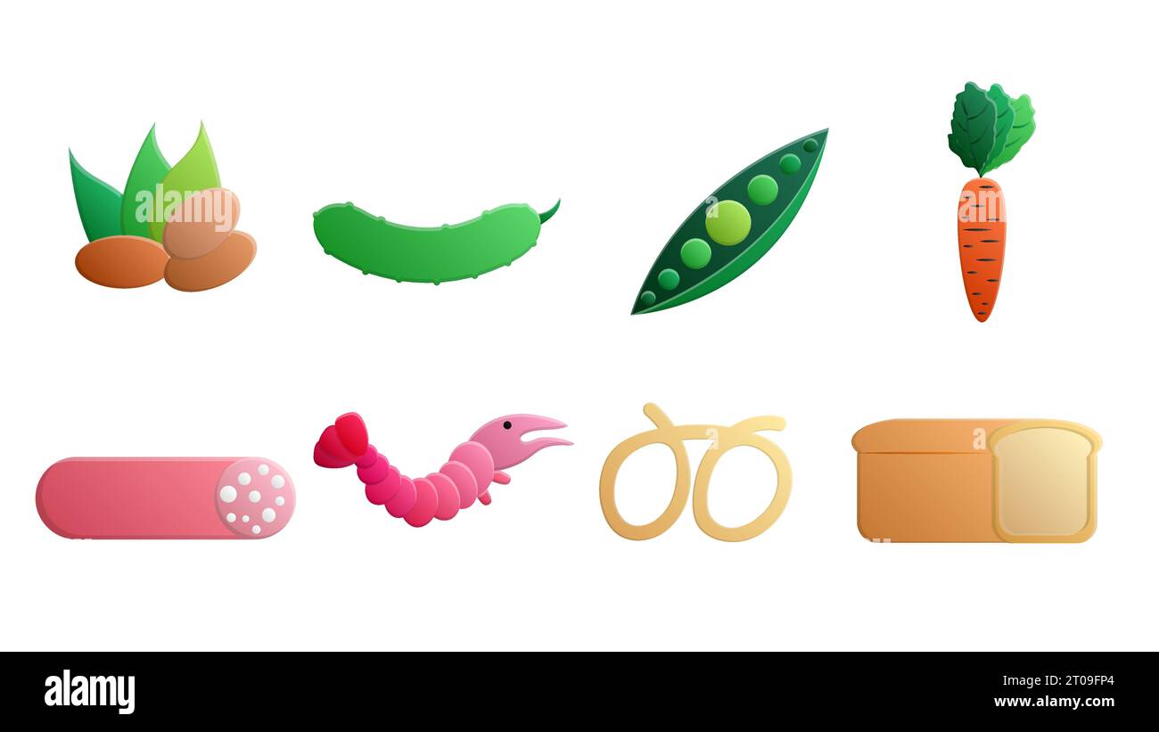 Set of eight icons of items of delicious food and snacks for a cafe bar ...