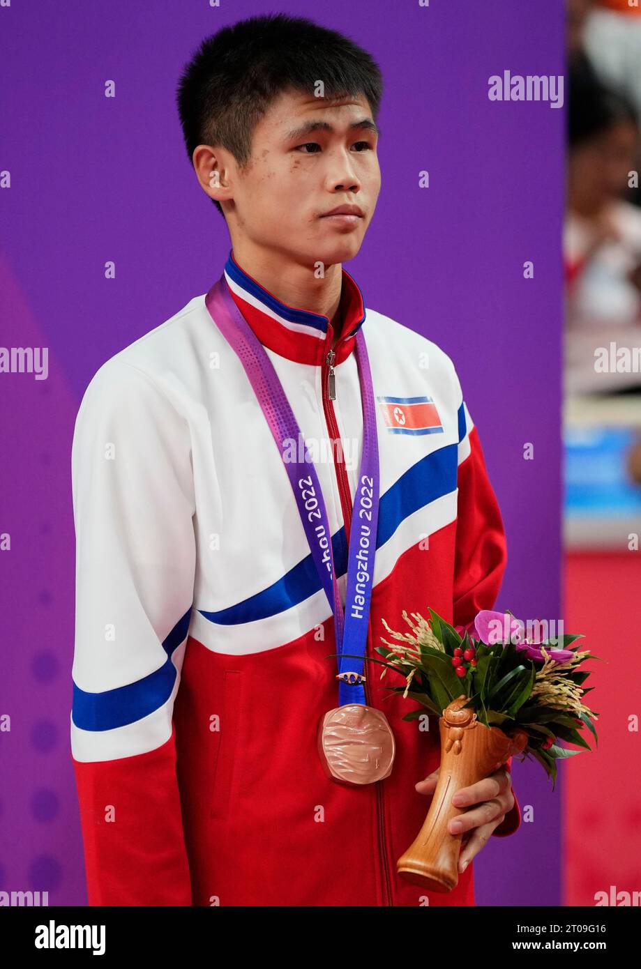 Cronze medallist North Korea's So Chon ryong celebrates during the ...