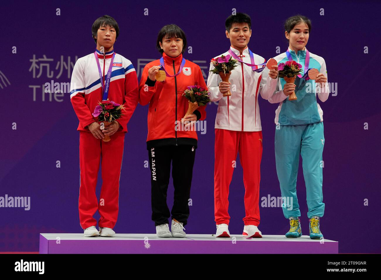 Medalists from left, North Korea's Kim Sonhyang, silver, Japan's Remina ...