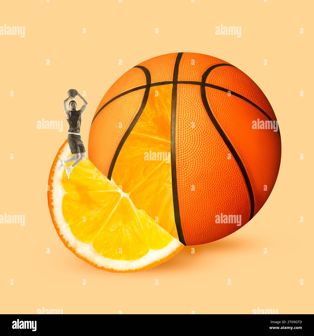 Young guy, basketball payer in motion, throwing ball. Orange slice ...
